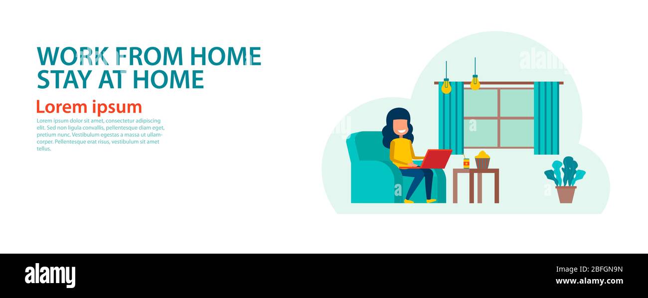 banner of cartoon version of working home and stay home with flat ...