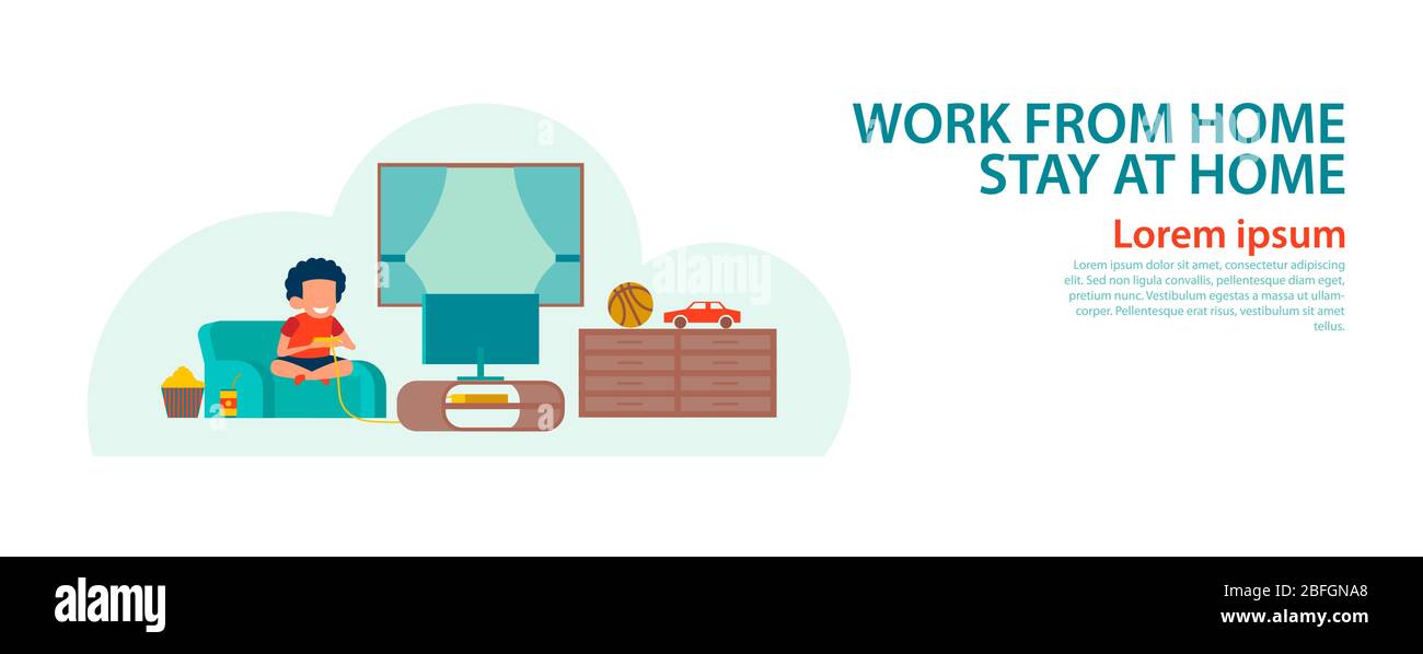 banner of cartoon version of working home and stay home with flat ...