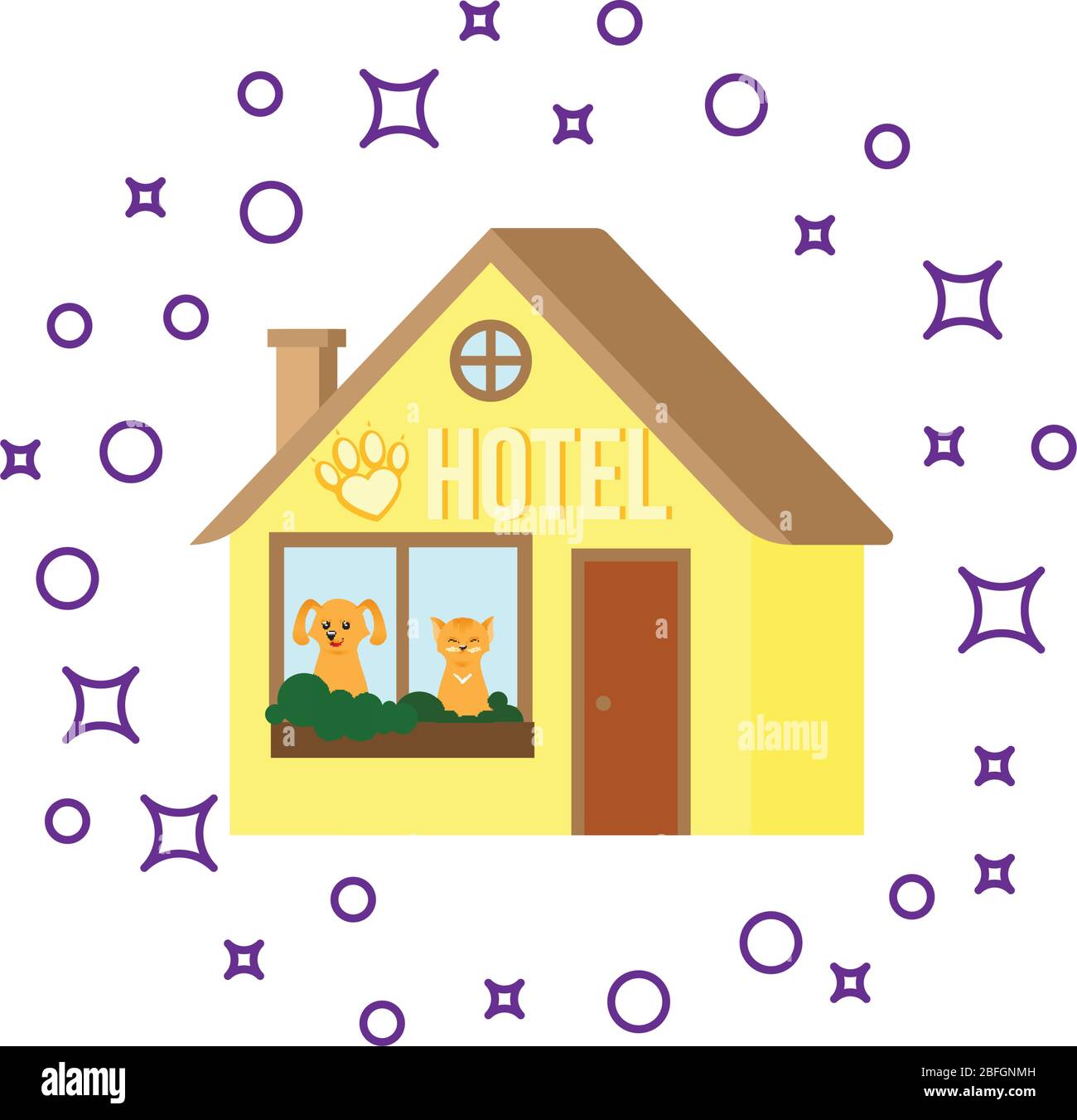 Pet hotel with cat and dog in windows. Pet hotel building in flat style ...