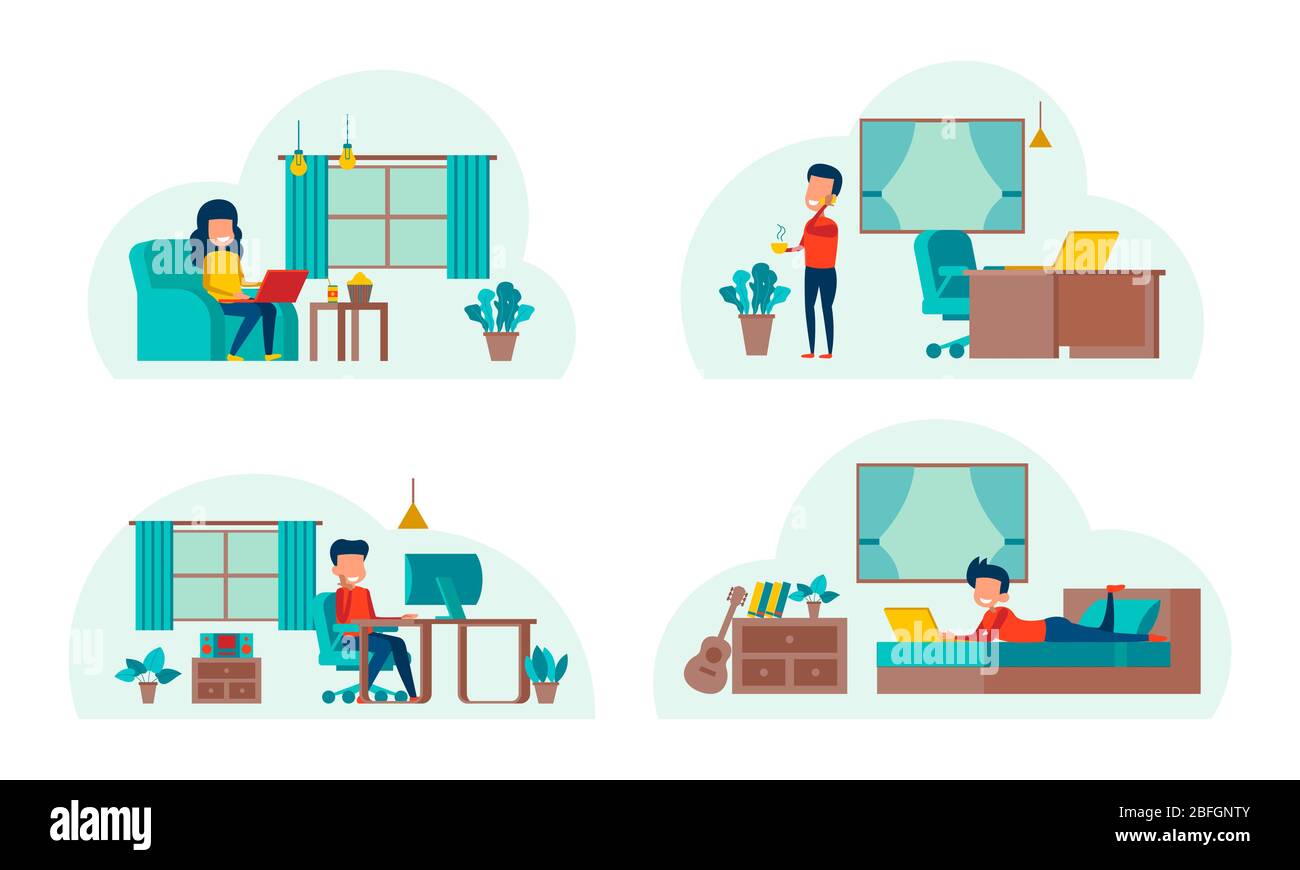 set of cartoon version of working home and stay home with flat design ...