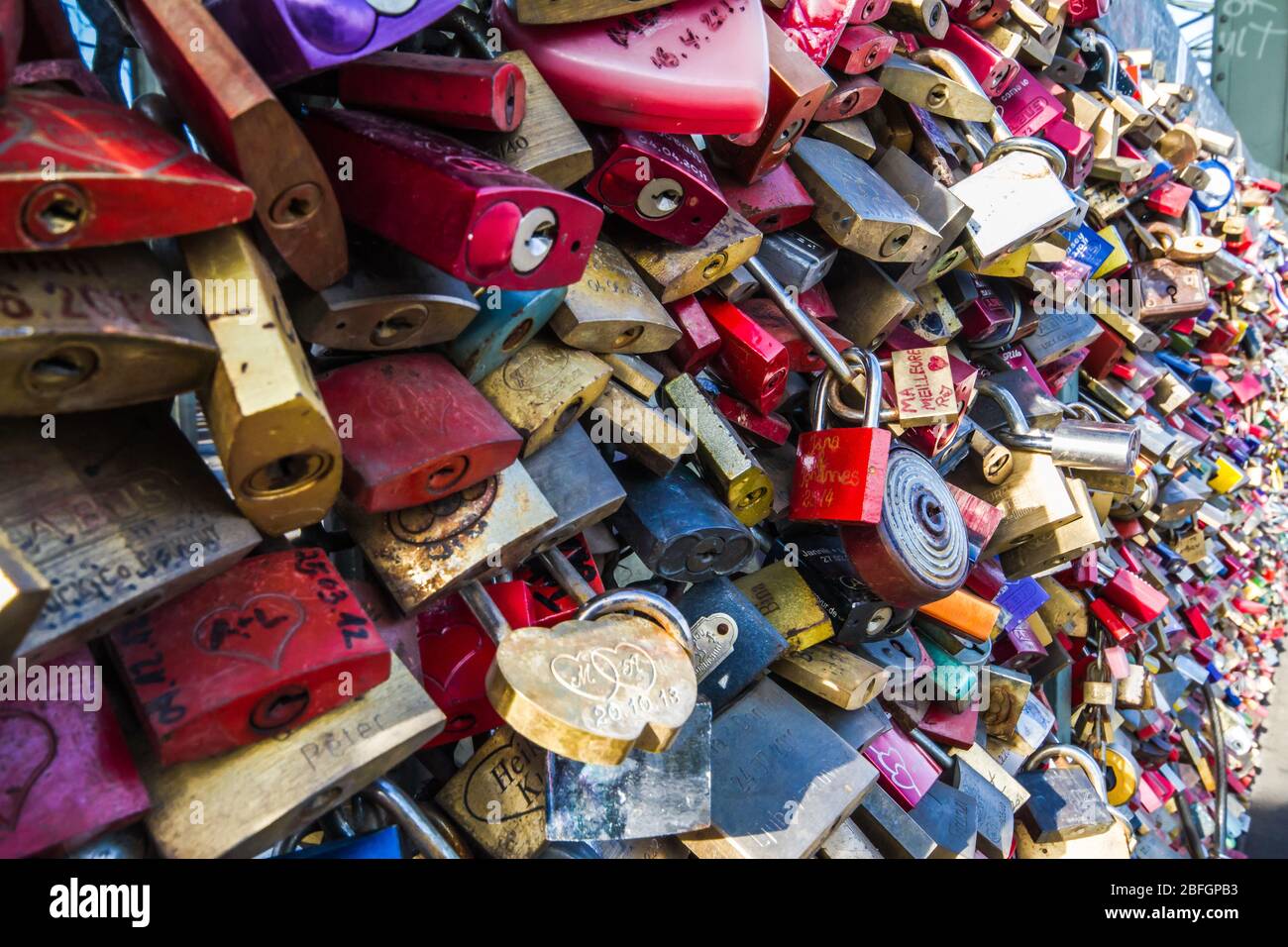 close-up of a variety of labeled padlocks hanging on a grid Stock Photo ...