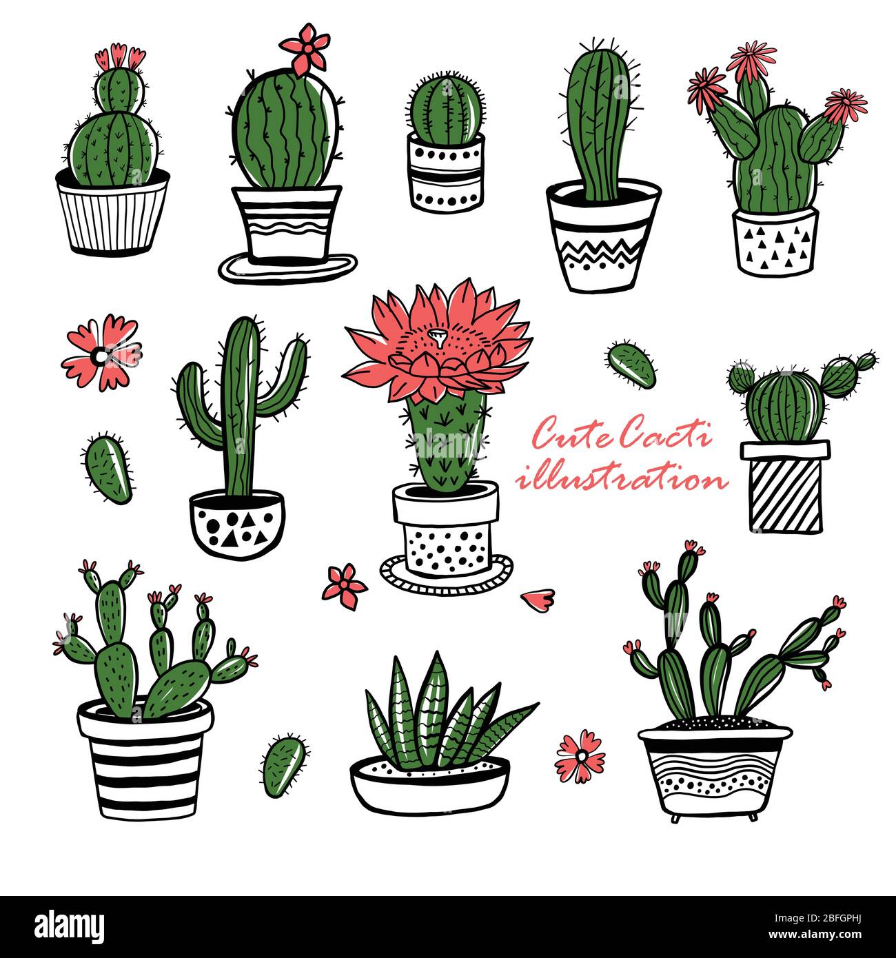 Cactus and succulent hand drawn set. Doodle flowers in pots Stock ...