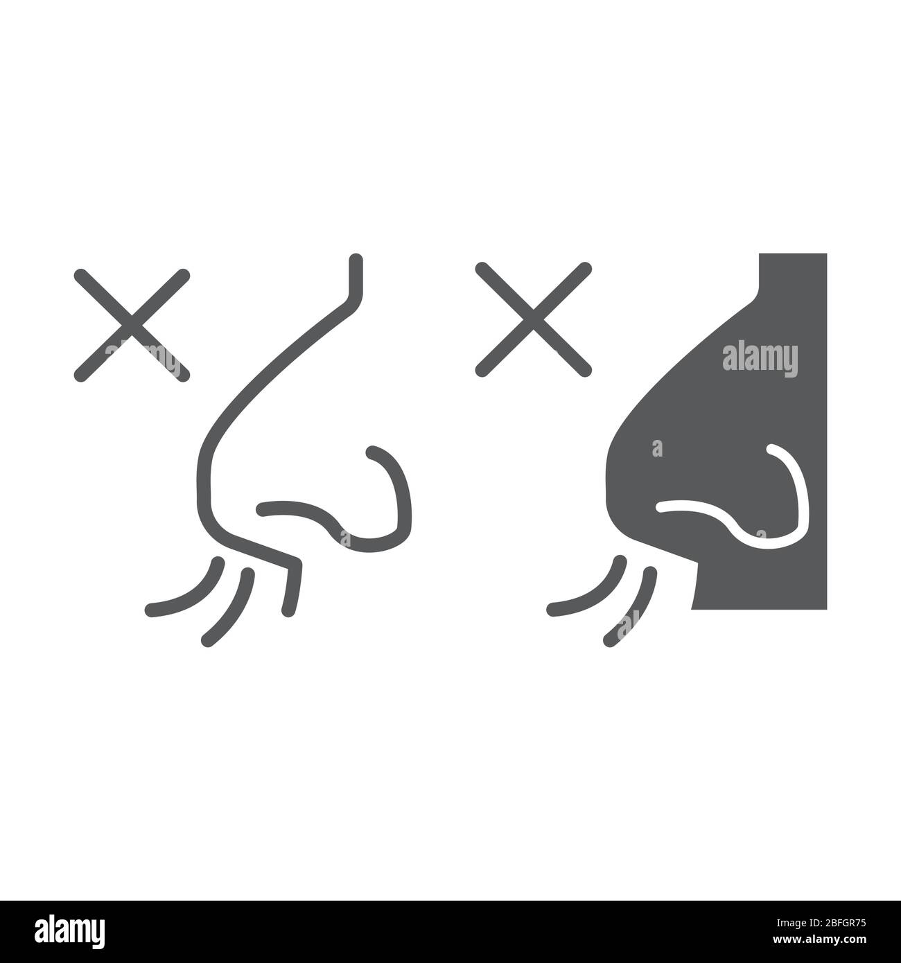 No smell symptom line and glyph icon, infection and covid-19 ...