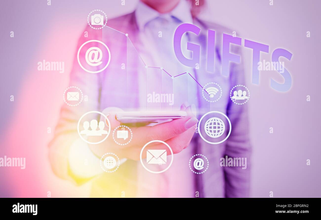 Text sign showing Gifts. Business photo showcasing a thing given ...