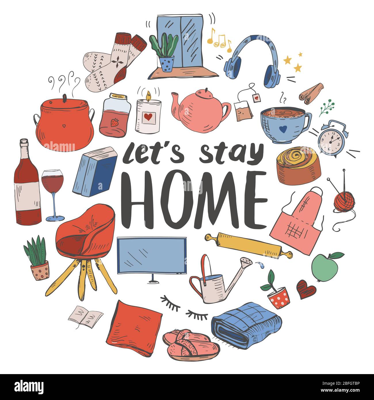 Template with hand drawn doodle style home related objects. Cozy and ...