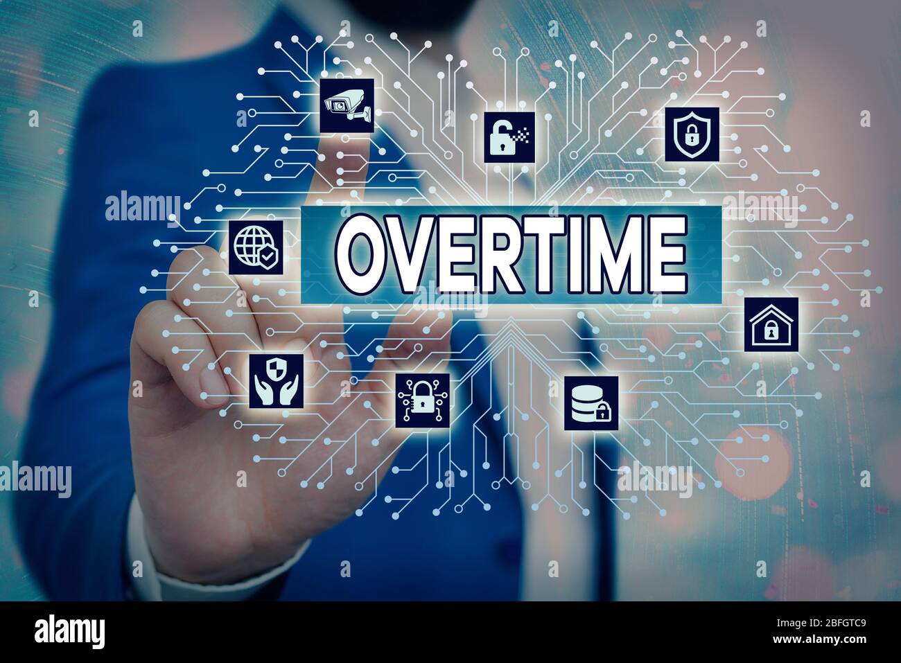 Text sign showing Overtime. Business photo showcasing Time or hours ...