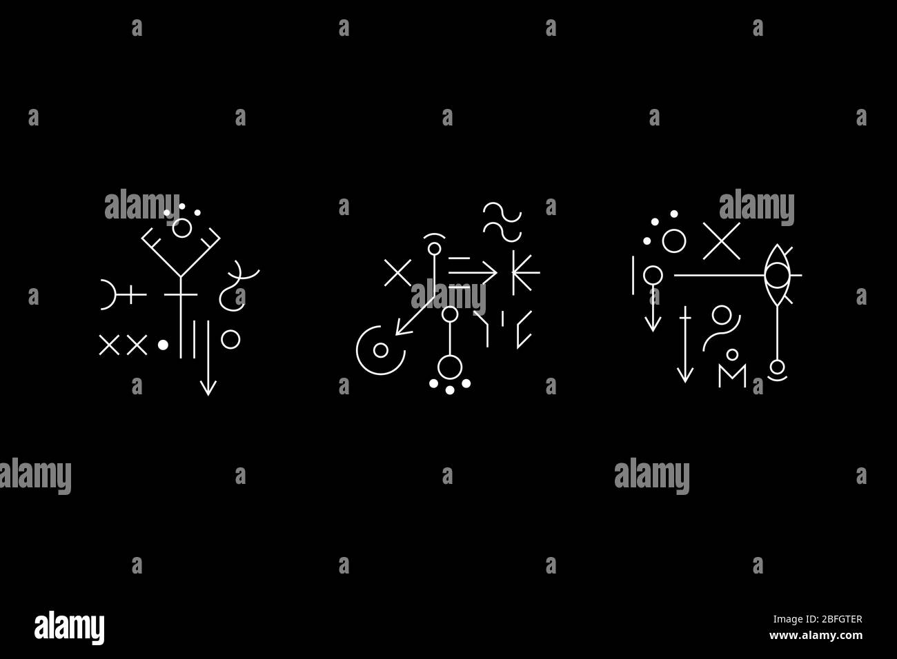 Ancient secret geometry symbol set with circles, lines, crosses and ...