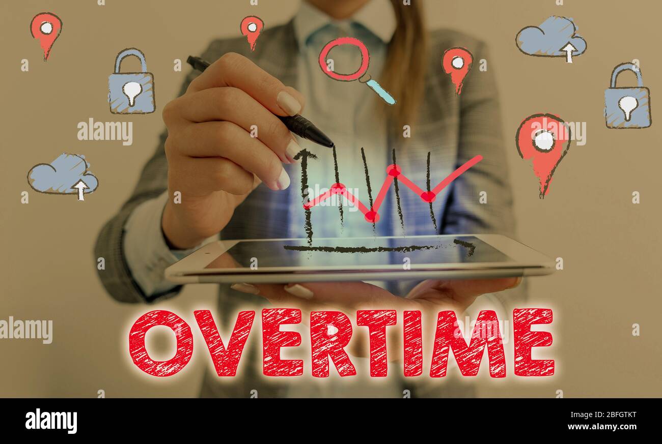 Conceptual hand writing showing Overtime. Concept meaning Time or hours ...