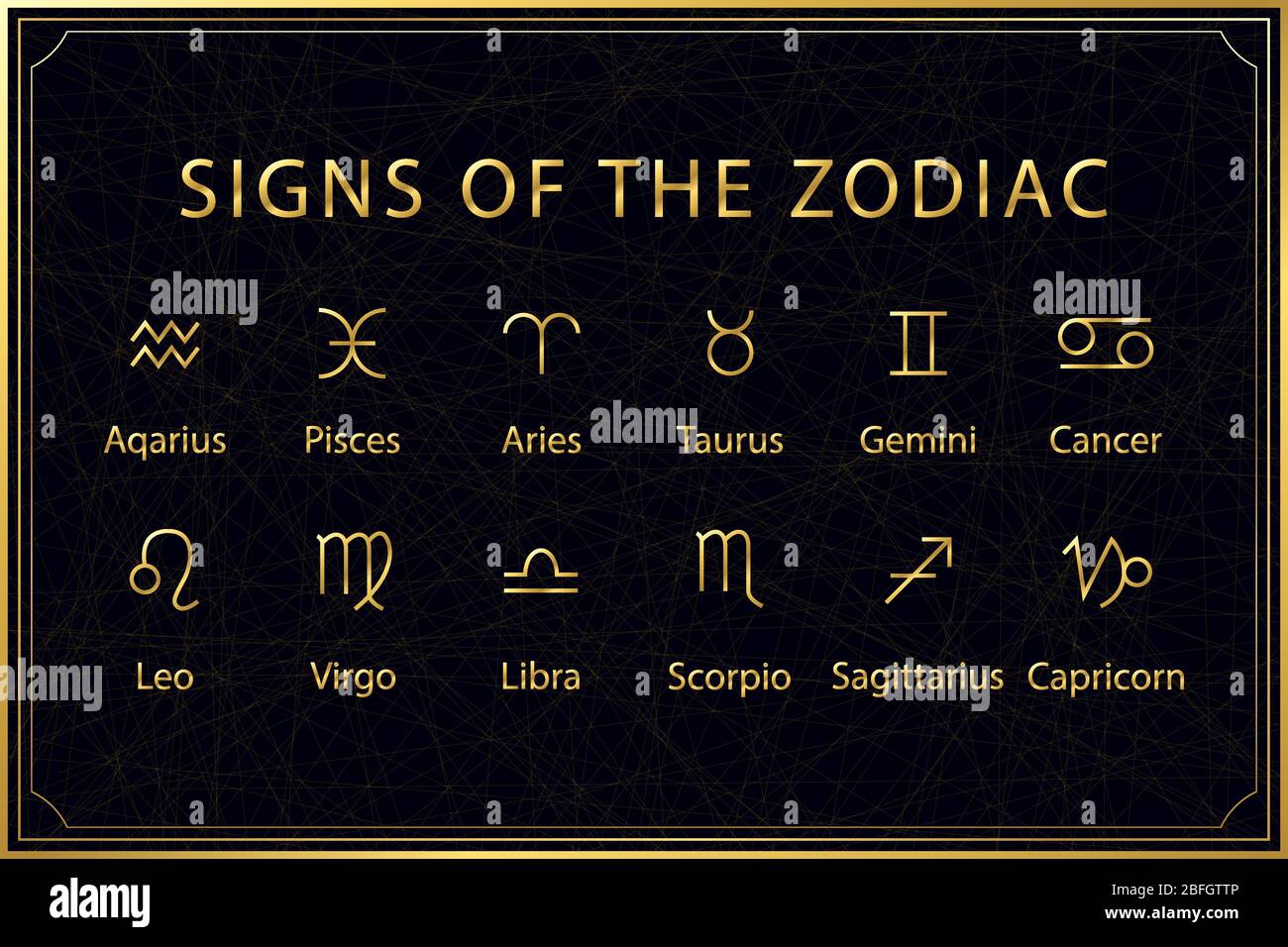 Golden signs of zodiac on dark background. Sacred geometry. Vector ...