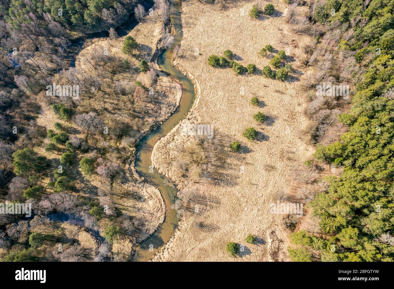 winding river flow through the valley. spring landscape at sunny day ...