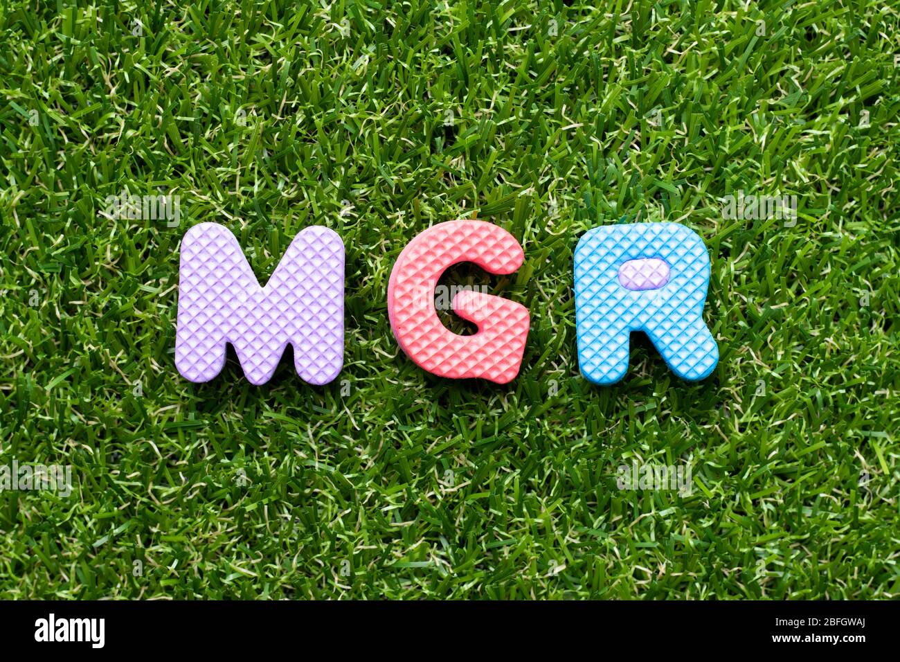 Toy foam letter in word mgr (abbreviation of manager) on green grass ...