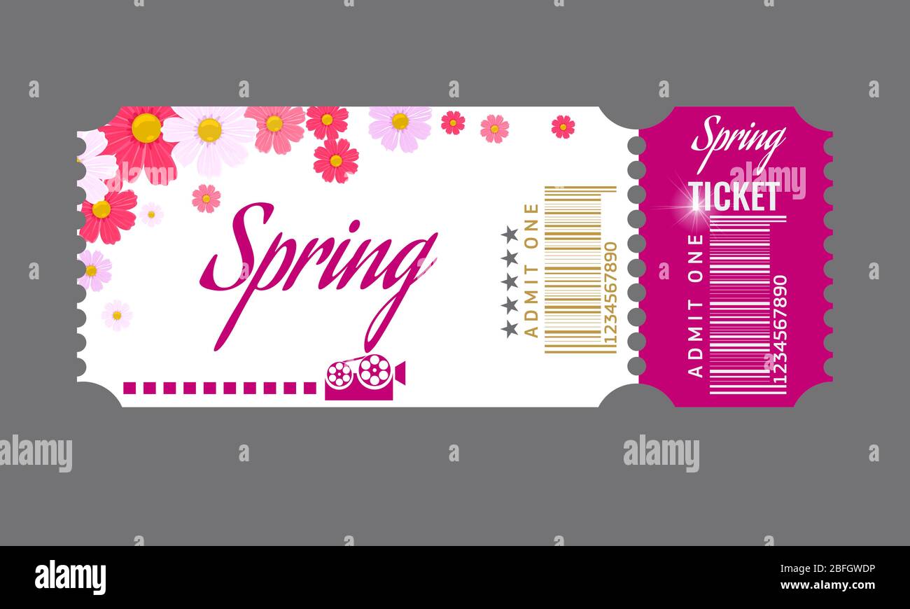 Cinema ticket with spring flowers template. Flat and solid color vector ...