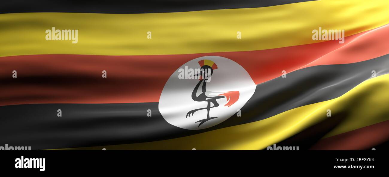 Uganda sign symbol, national flag waving texture background, language ...