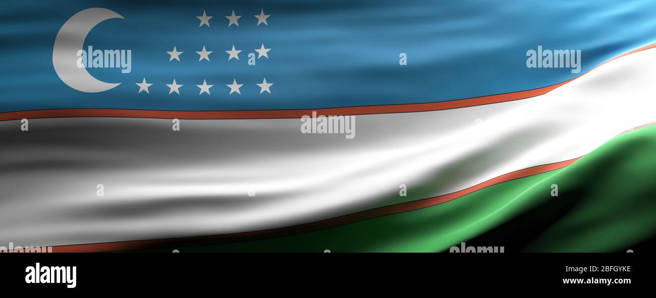 Uzbekistan sign symbol, national flag waving texture background ...