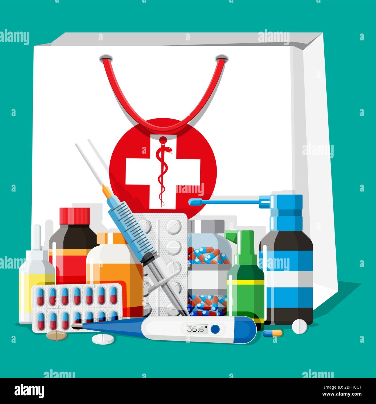 Medicine collection in bag. Set of bottles, tablets, pills, capsules ...