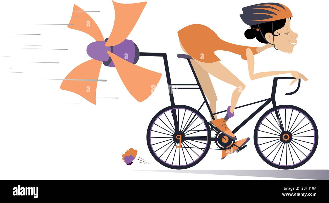 Cartoon woman rides a bike illustration. Smiling woman in helmet on the ...