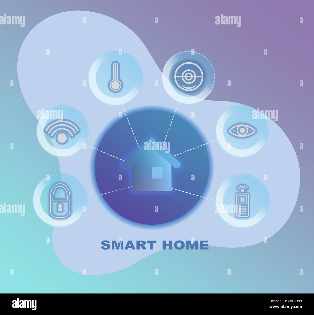 Illustration with house and icons of smart home control functions ...