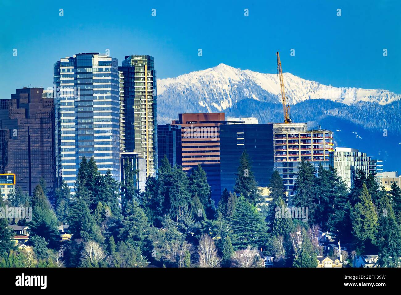 High Rise Buildings Apartments CityCenter Snow Capped Cascade Mountains ...