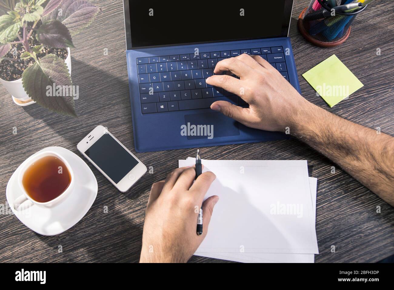 Office desk and technology top view Stock Photo - Alamy