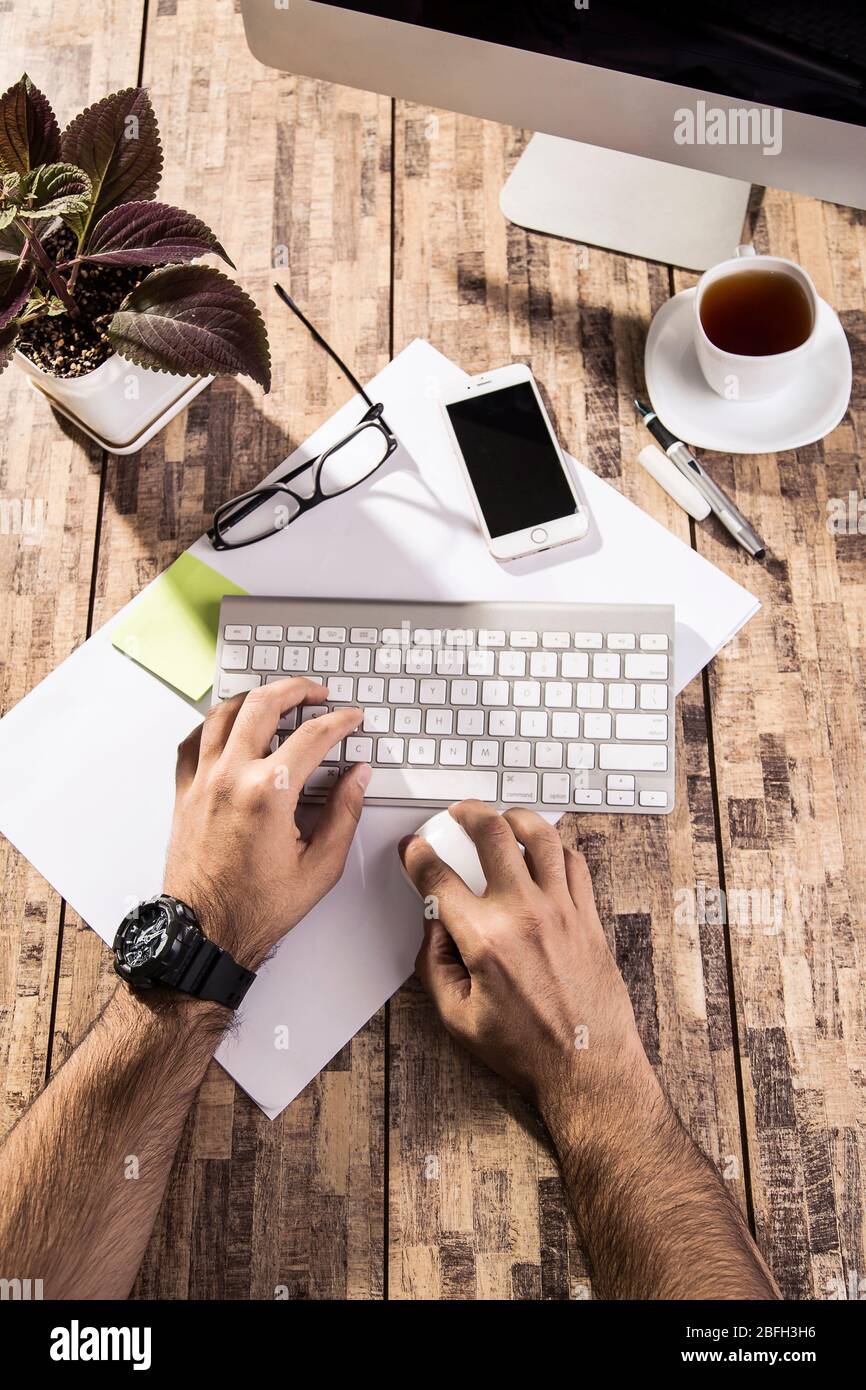 Office desk and technology top view Stock Photo - Alamy