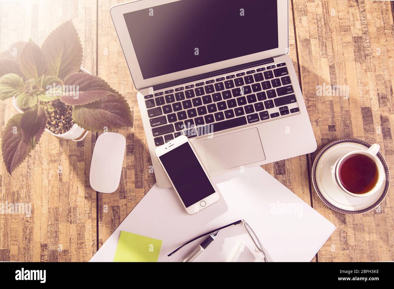 Office desk and technology top view Stock Photo - Alamy