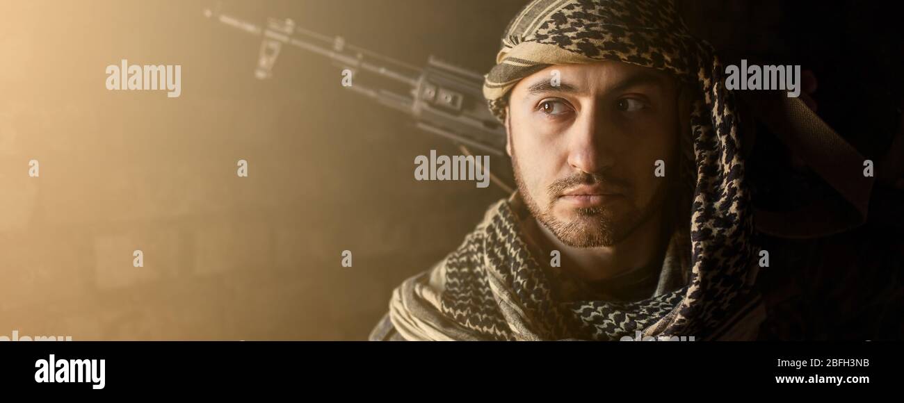 Arab male soldier in a headdress from the national keffiyeh with a ...