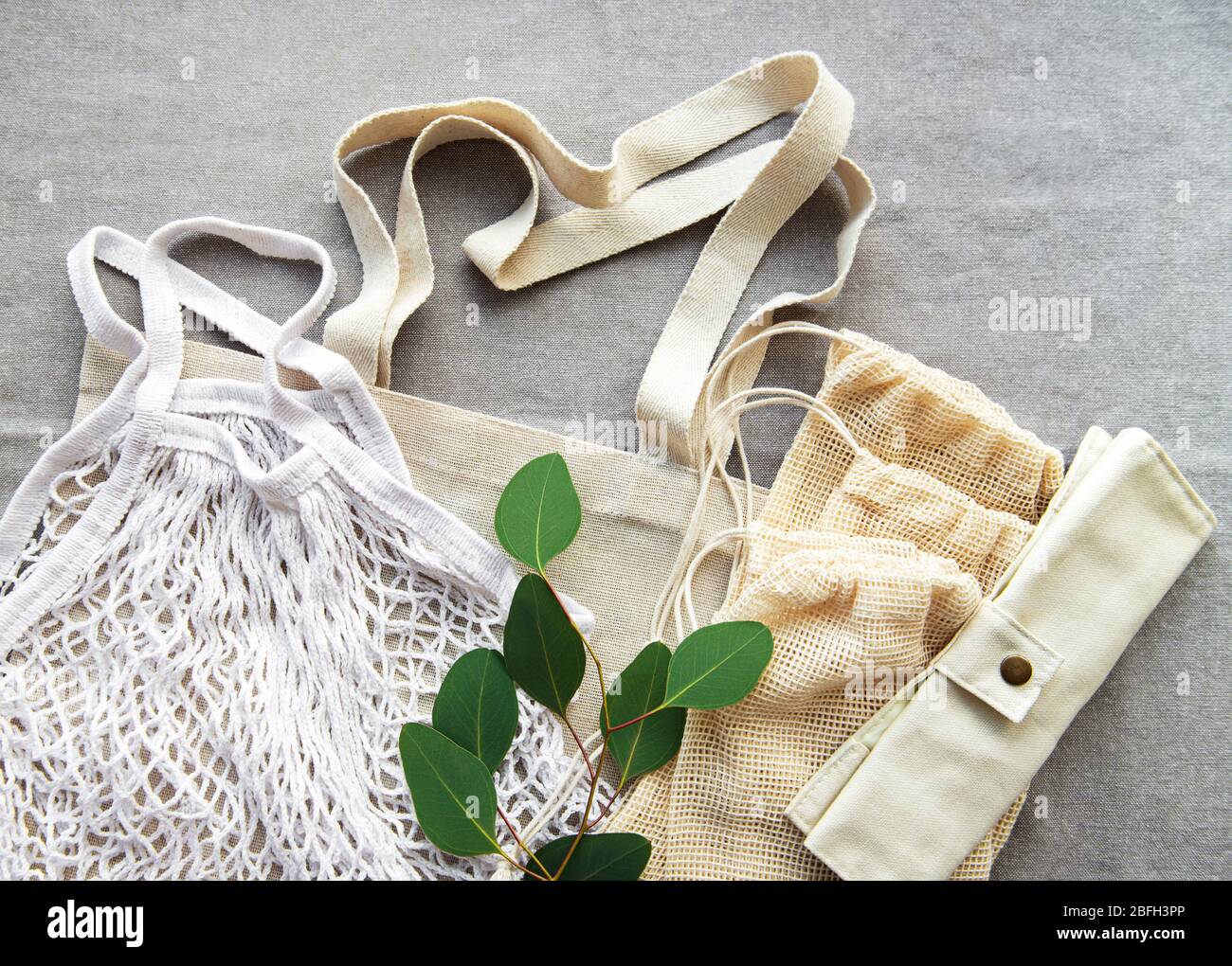 Cotton bags, net bag. Zero waste concept. Eco friendly. Flat lay Stock ...