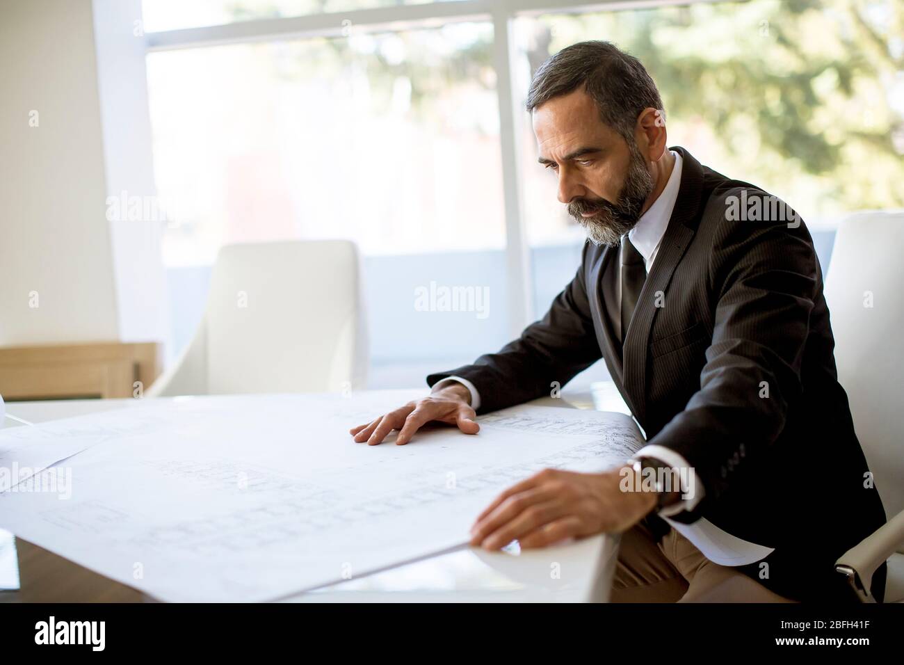 Handsome architect checking plans and blueprints in the office Stock ...