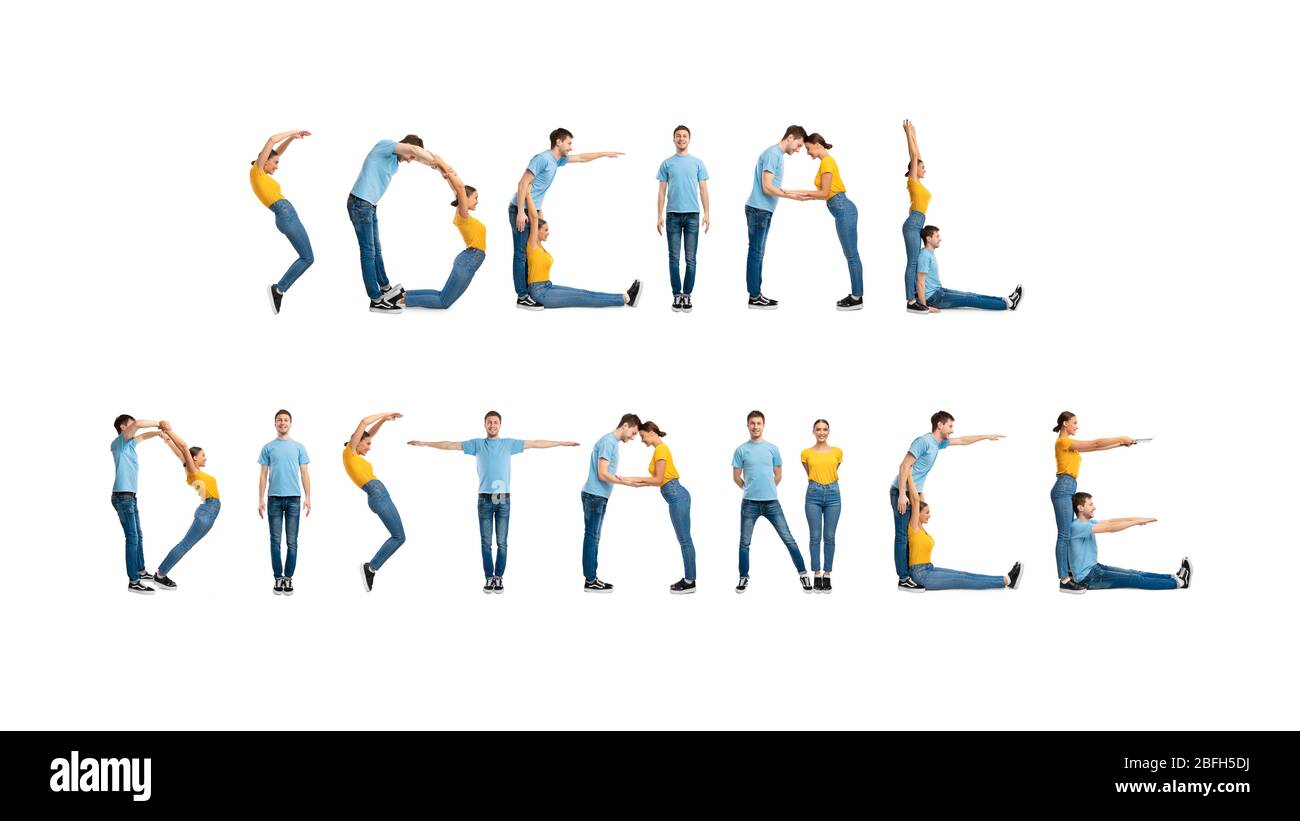 Group of people forming Social Distance phrase at studio Stock Photo ...