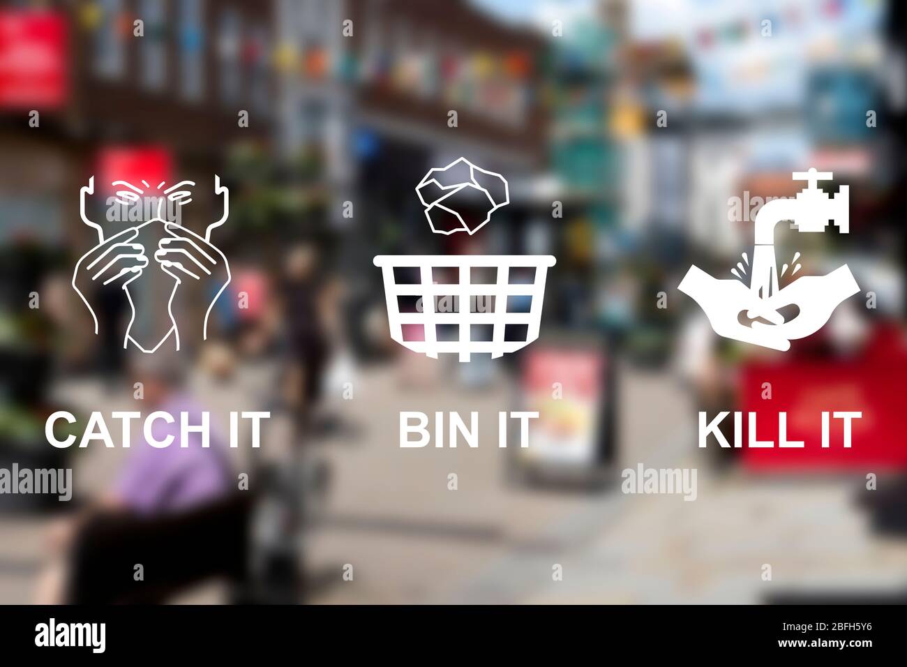 Virus advisory prevention measures catch, bin and kill it sign isolated ...