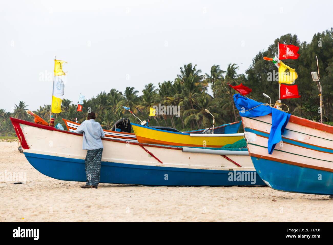 Mararikulam, Kerala - January 5, 2019: Boats parked on the beach in ...