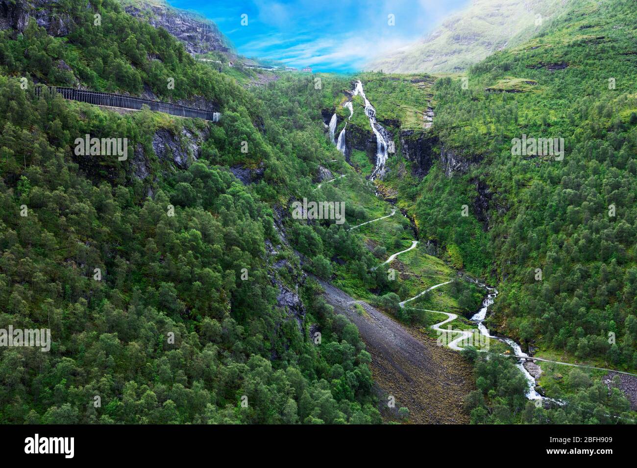 road and waterfalls in famous Flam valley, Norway Stock Photo - Alamy