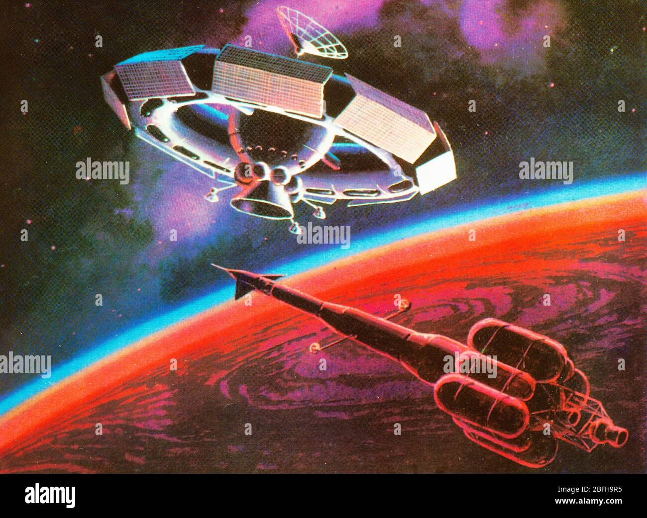 Space exploration, futuristic art by A.Sokolov, from Soviet postcard ...