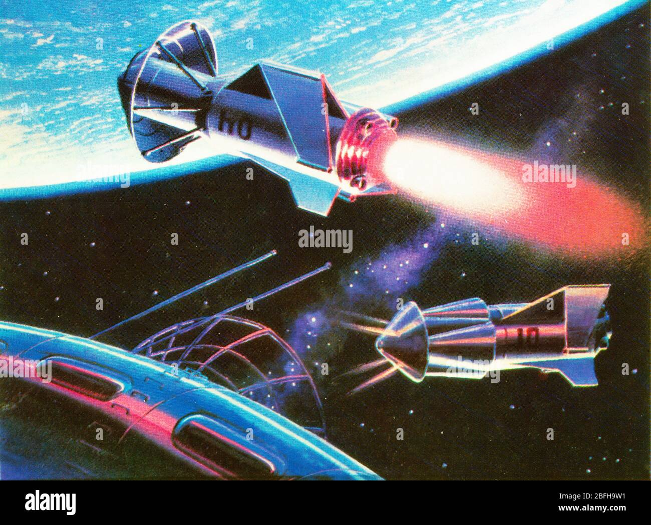 Space exploration, futuristic art by A.Sokolov, from Soviet postcard ...