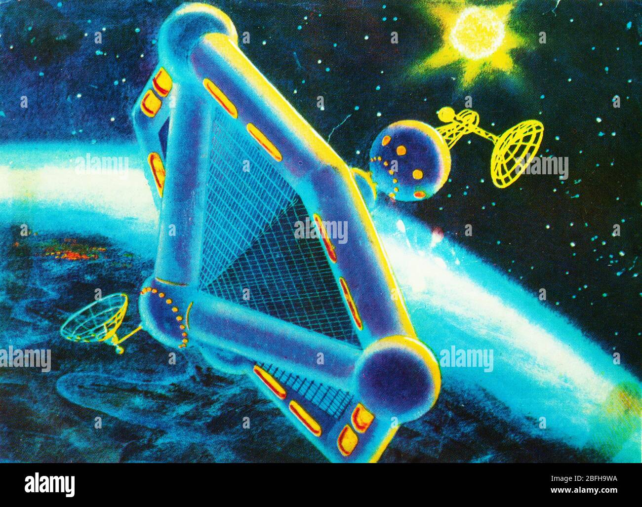 Space exploration, futuristic art by A.Sokolov, from Soviet postcard ...