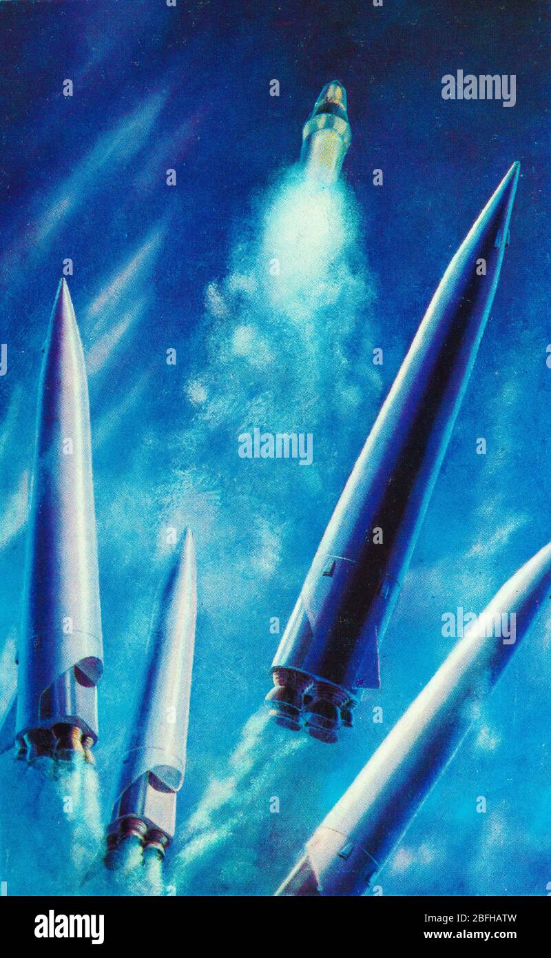 Space exploration, futuristic art by A.Sokolov, from Soviet postcard ...