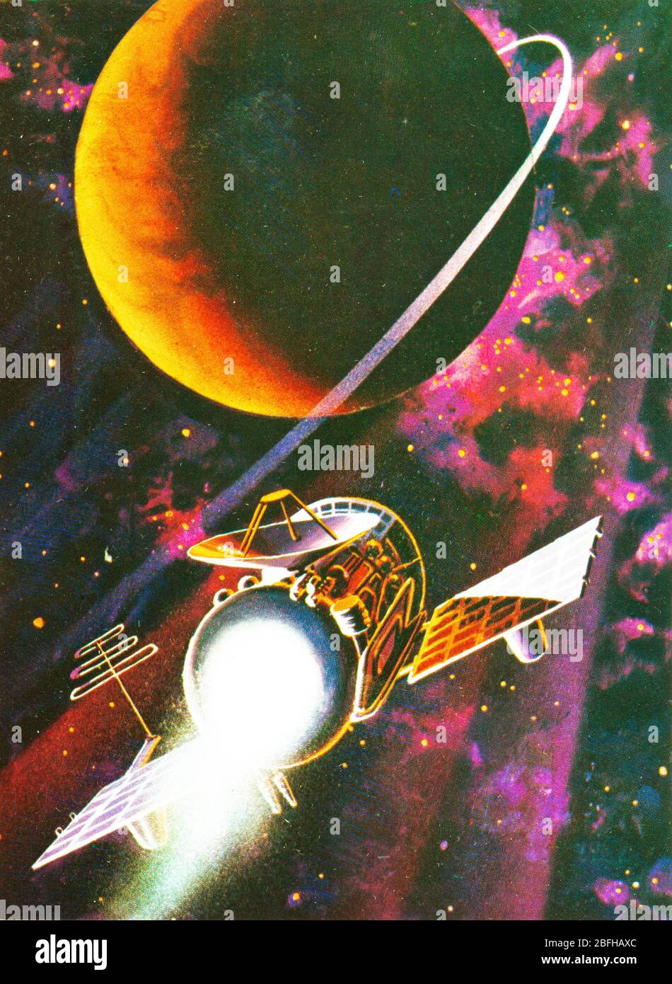 Space exploration, futuristic art by A.Sokolov, from Soviet postcard ...