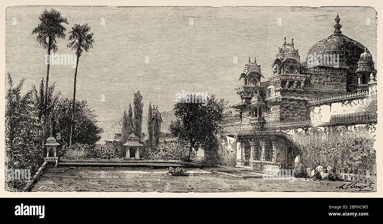 Palace on the island of Jag Mandir in Udaipur, India. Old engraving ...