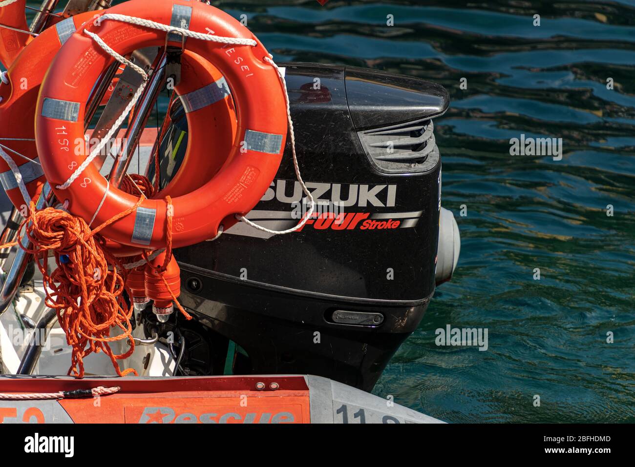 Water ambulance, small motor boat for emergency first aid with orange ...