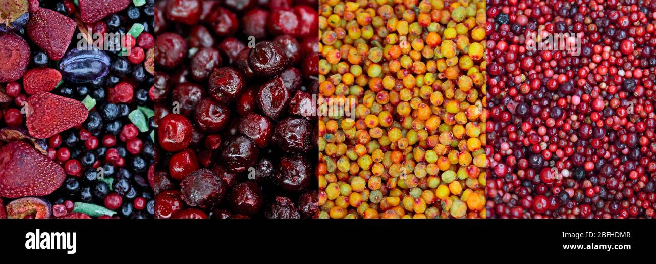 Collage of different types of frozen berries in a grocery store shot ...