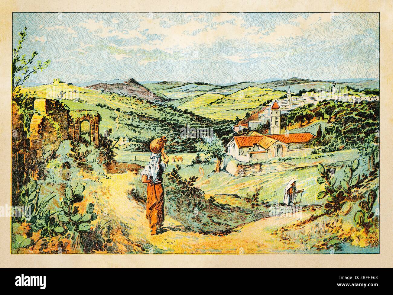 Landscape view of valley and village of Nazareth. Israel, old color ...