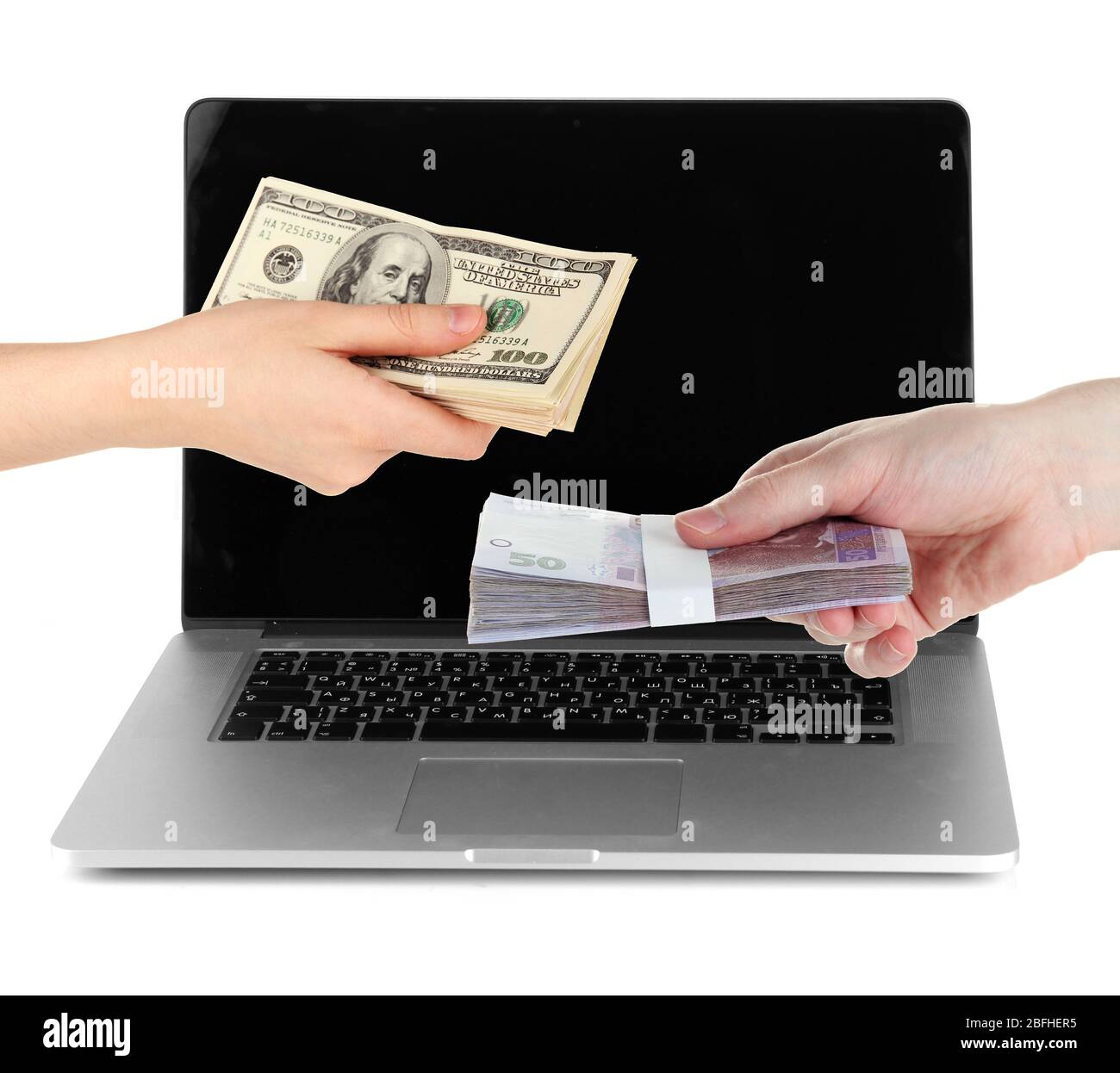 Two people exchange currency on laptop background isolated on white ...
