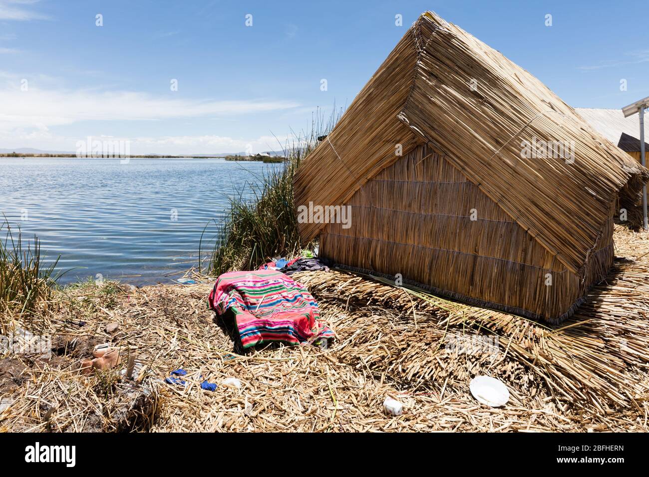 Traditional reed boat (totora) in the Uros Islands, Titicaca Lake or ...