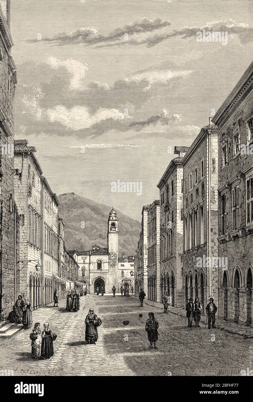 Stradone, main street in Dubrovnik, Croatia, Europe. Old engraving ...