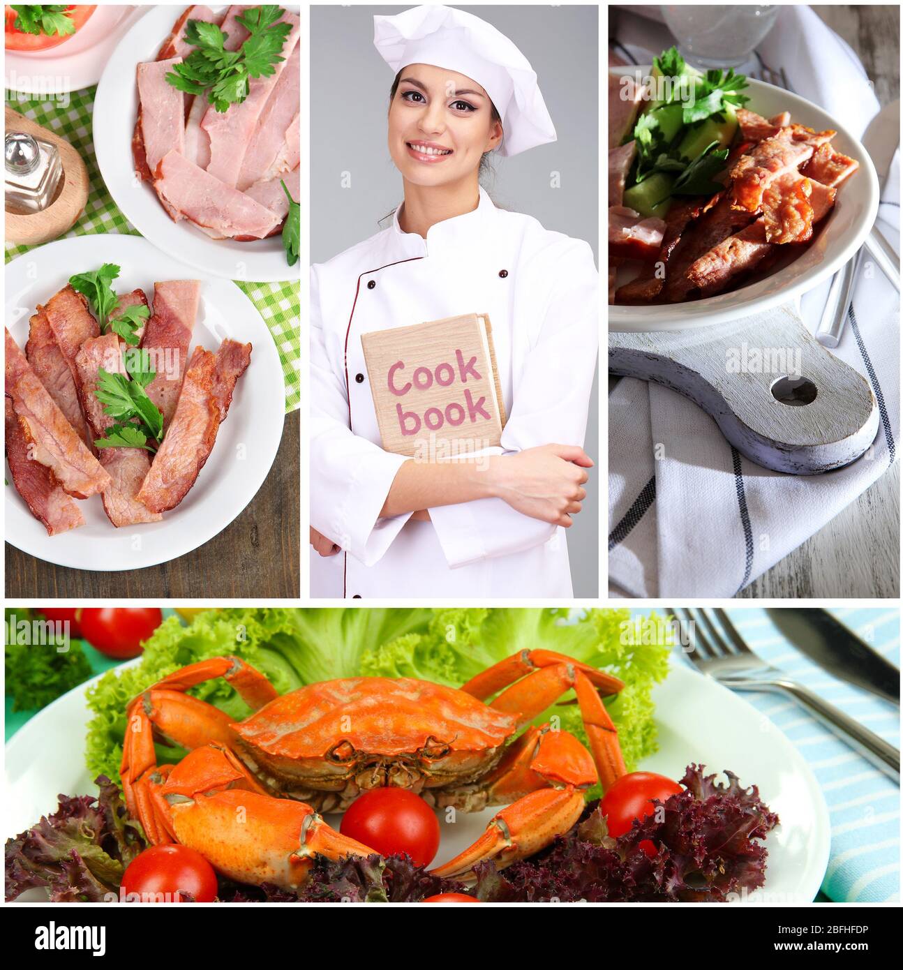Collage on culinary theme consisting of delicious dishes and cooks ...