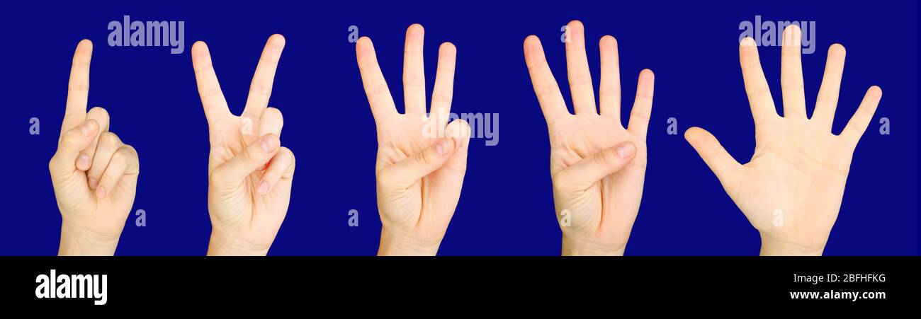 Collage of hands making signs, on blue background Stock Photo - Alamy