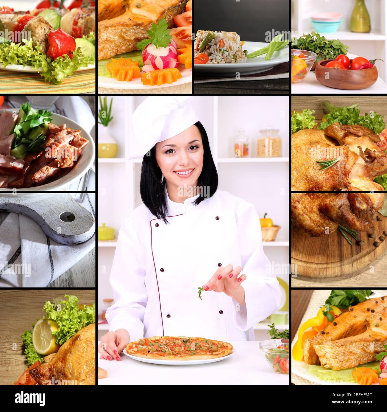 Collage on culinary theme consisting of delicious dishes and cooks ...