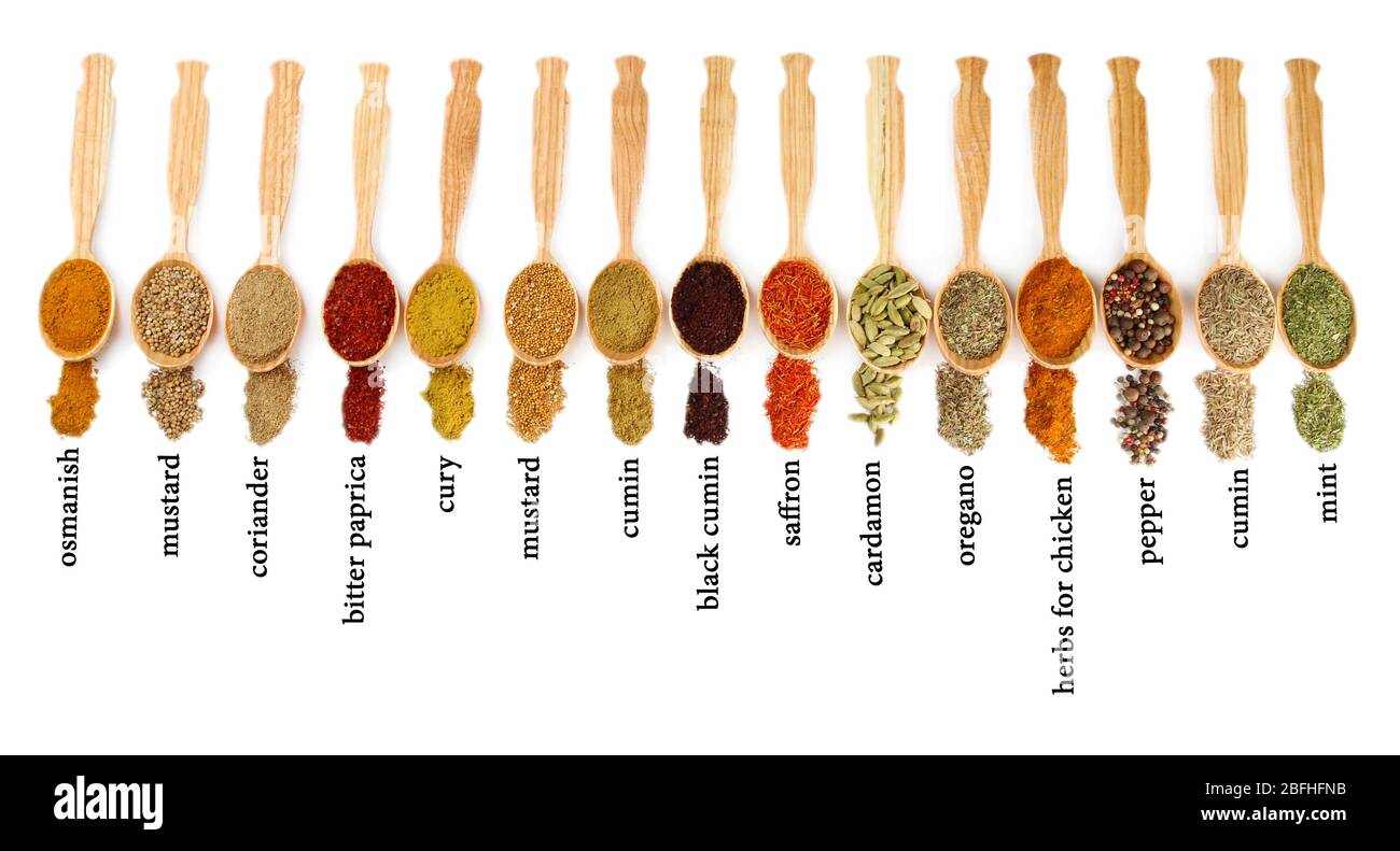 Many different spices with their name in wooden spoons isolated on ...