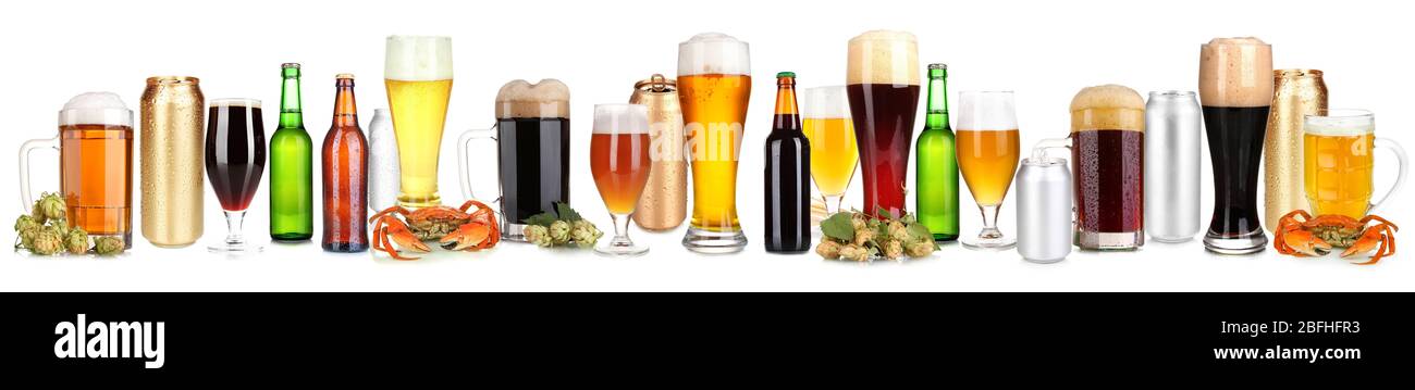 Lots of beer in different containers isolated on white Stock Photo - Alamy