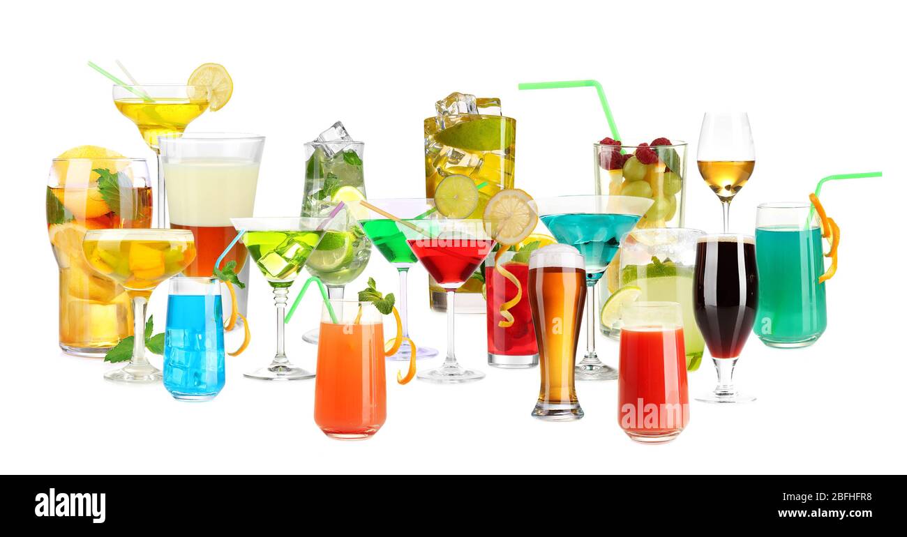 Lot of different cocktails and drinks isolated on white Stock Photo - Alamy
